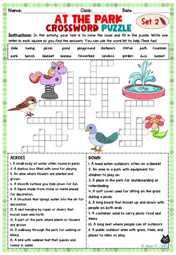 At the Park Color / B&W Differentiated Crossword Printables with Word ...