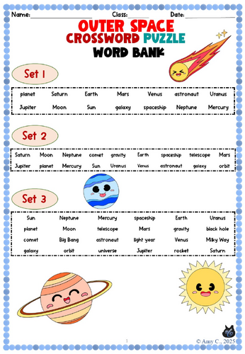 Outer Space Differentiated Crossword Puzzles Printables Color/B&W with ...