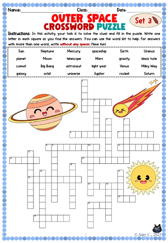 Outer Space Differentiated Crossword Puzzles Printables Color/B&W with ...