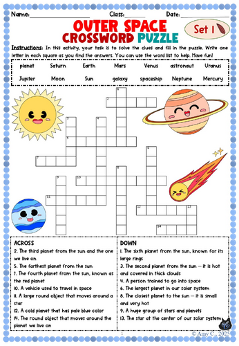 Outer Space Differentiated Crossword Puzzles Printables Color/B&W with ...