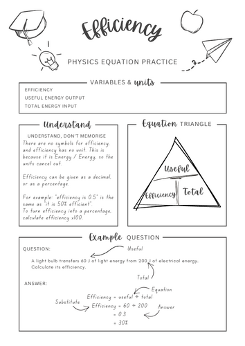 Efficiency equation - Physics equation worksheet | Teaching Resources