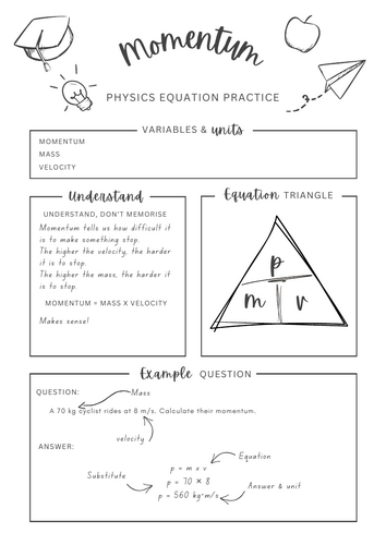 Momentum p=mv equation - Physics equation worksheet | Teaching Resources