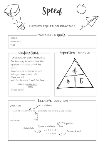 Speed equation s=d/t - Physics equation worksheet | Teaching Resources