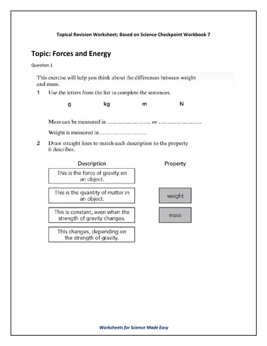 Year 7 Science Worksheet; Unit 3 Forces and Energy | Teaching Resources