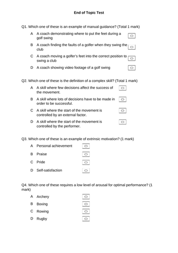 GCSE PE Sports Psychology End of Topic Test | Teaching Resources