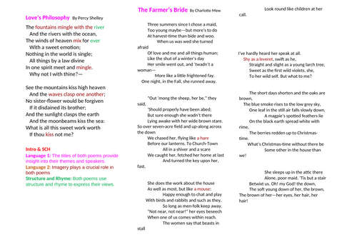 AQA Poetry Comparison The Farmer's Bride and Love's Philosophy ...