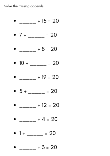 missing addend up to 20 - missing addends worksheets up to 20 ...