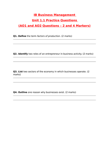 IB Business Management Unit 1.1 Practice Questions (AO1 and AO2 ...