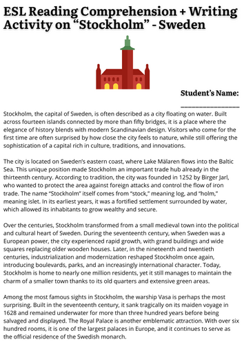ESL Reading Comprehension + Writing Activity Worksheets - Stockholm ...