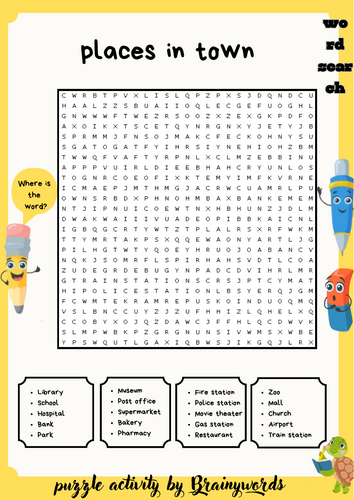 Places In Town Word Search Puzzle Worksheet + Answer Key | Teaching ...
