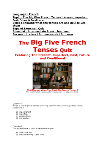 French, The Big Five French Tenses : Present, Imperfect, Past, Future ...