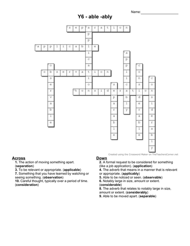 Words ending able and ably WORKSHEETS and CROSSWORDS | Teaching Resources