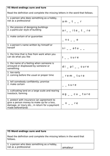 Word endings sure and ture WORKSHEETS | Teaching Resources