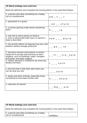 Word endings sure and ture WORKSHEETS | Teaching Resources