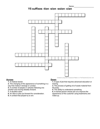 Word endings tion, sion, ssion and cian WORKSHEETS and CROSSWORDS ...