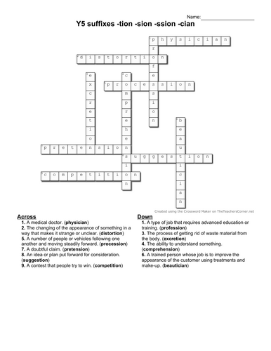Word endings tion, sion, ssion and cian WORKSHEETS and CROSSWORDS ...