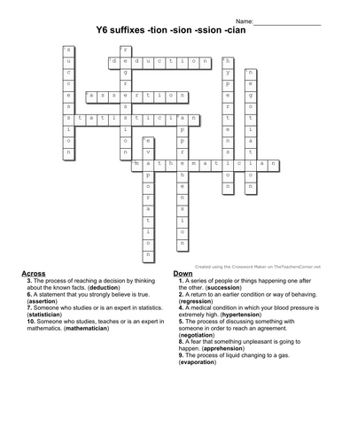 Word endings tion, sion, ssion and cian WORKSHEETS and CROSSWORDS ...