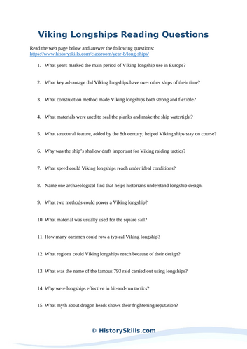 Viking Longships Reading Comprehension Questions Worksheet | Teaching ...