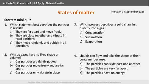 3.1 Particle Model and States of Matter Lessons (Smart Activate 3 ...