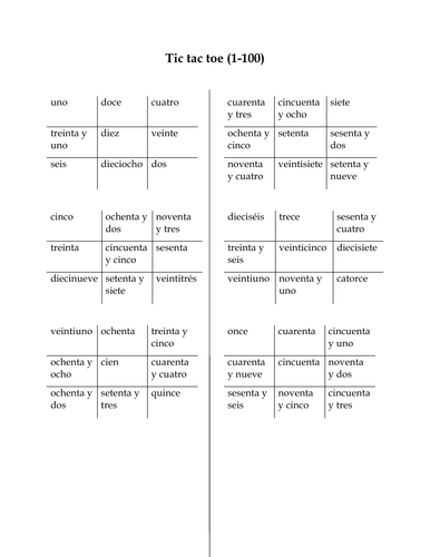Tic Tac Toe Spanish Numbers 1-100, los números 1-100 | Teaching Resources