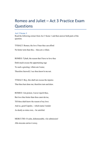 Romeo and Juliet Act 3 GCSE Exam Practice Paper Questions: scene-by ...