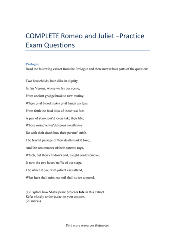 COMPLETE Romeo and Juliet GCSE Exam Practice Questions: scene-by-scene ...