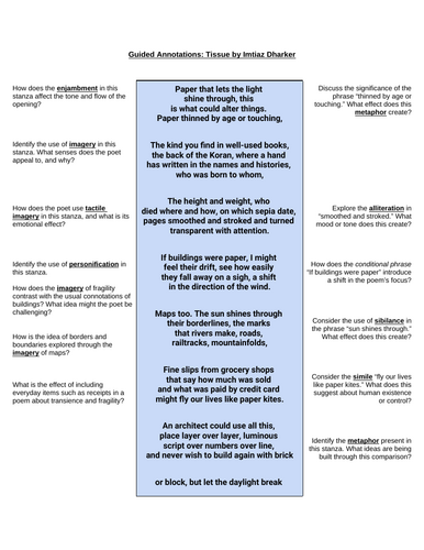 Guided Poetry Annotation: Tissue (Imitiaz Dharker) | Teaching Resources