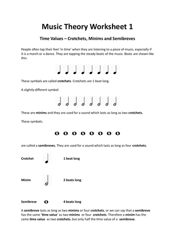 Music theory Worksheet 1 - Note Values - Crotchets, Minims and ...