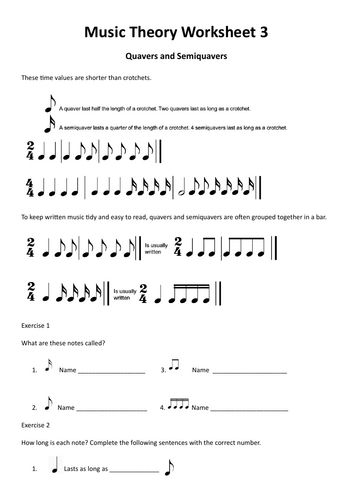 Music Theory Worksheet 3 - Quavers and semiquavers | Teaching Resources