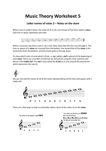 Music Theory Worksheet 5 - Notes on the stave | Teaching Resources