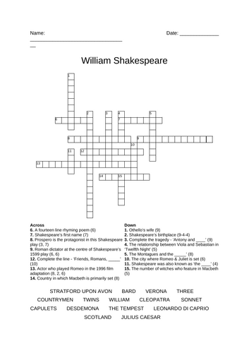 English Crossword Package: William Shakespeare | Teaching Resources
