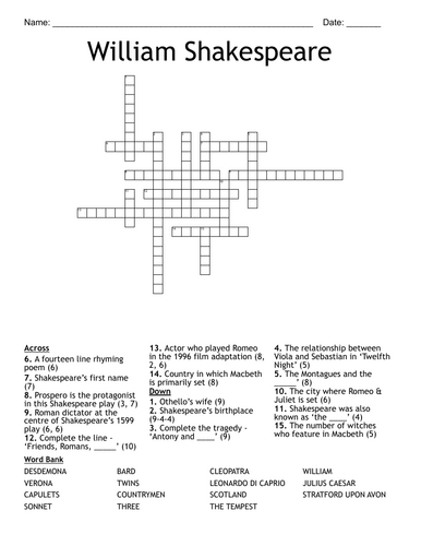 English Crossword Package: William Shakespeare | Teaching Resources