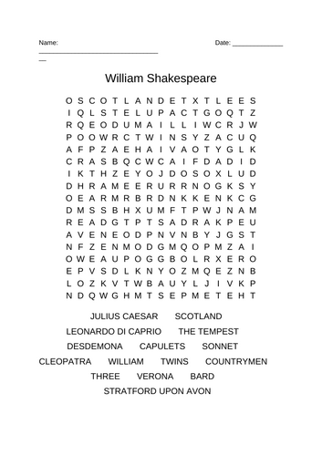English Crossword Package: William Shakespeare | Teaching Resources