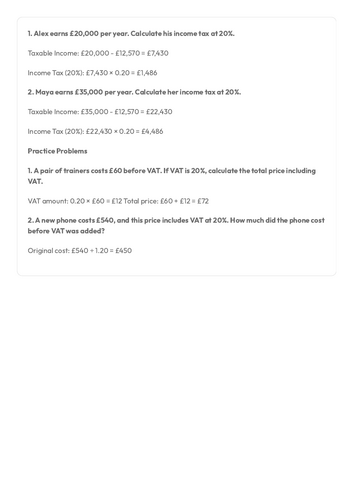FS Maths - Shape, Space and Measurement - Income Tax and VAT | Teaching ...