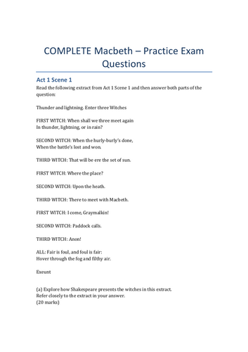 COMPLETE Macbeth GCSE Exam Practice Questions: scene-by-scene questions ...