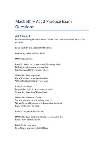 Macbeth Act 2 GCSE Exam Practice Questions: scene-by-scene questions ...