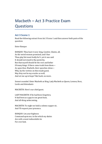 Macbeth Act 3 GCSE Exam Practice Questions: scene-by-scene questions ...