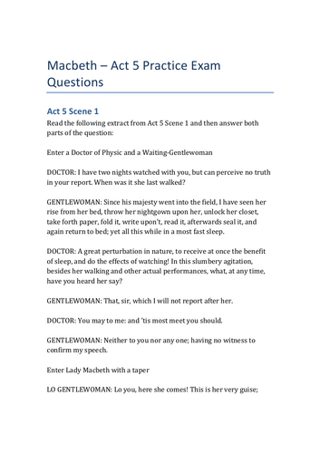Macbeth Act 5 GCSE Exam Practice Questions: scene-by-scene questions ...