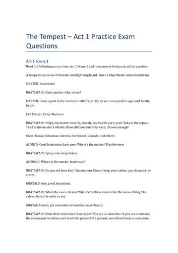 The Tempest Act 1 GCSE Exam Practice (5 Questions) | Teaching Resources