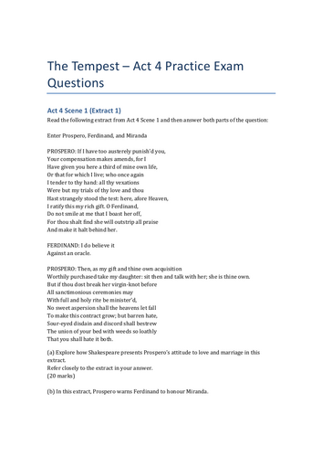 The Tempest Act 4 GCSE Exam Practice (5 Questions) | Teaching Resources
