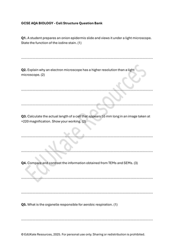 GCSE AQA BIOLOGY - CELL STRUCTURE QUESTIONS AND MARK SCHEME | Teaching ...
