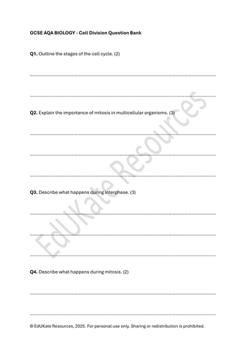 GCSE AQA BIOLOGY - CELL DIVISION QUESTIONS AND MARK SCHEME | Teaching ...