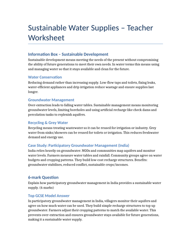 AQA GCSE Geography Sustainable water supplies. Wakel river basin ...