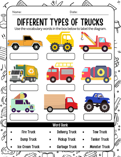 Types of Trucks Diagram: Coloring Pages, Word Search, Labeling ...