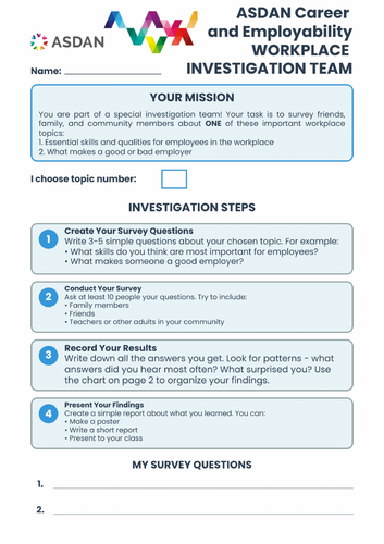 ASDAN Careers and Development - Self Development - Workplace Investigation - A4 | Teaching Resources