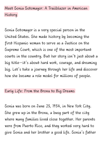 All About Sonia Sotomayor: A Reading Text for Kids for Hispanic ...