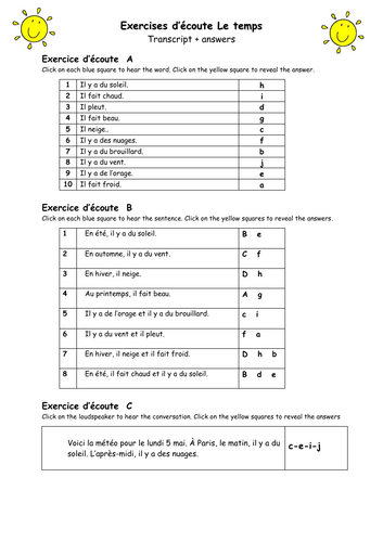 FRENCH TOPICS: LE TEMPS-WEATHER-LISTENING EXERCISES | Teaching Resources