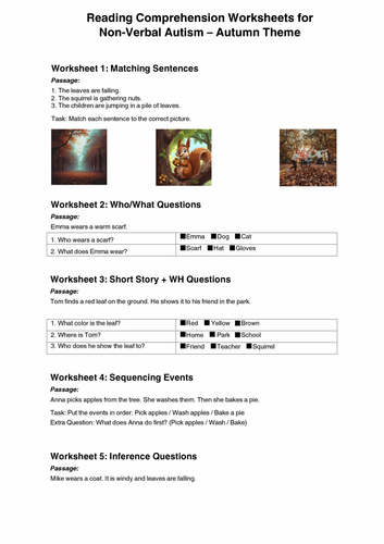 Autumn Reading Comprehension Worksheets for Non-Verbal Autism | AAC ...