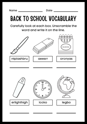 Back to School Activity Vocabulary Worksheet for Kids | Teaching Resources
