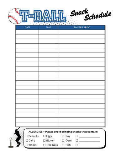 Editable T-Ball BASEBALL Snack Schedule | Team Sign-Up Sheet Template ...